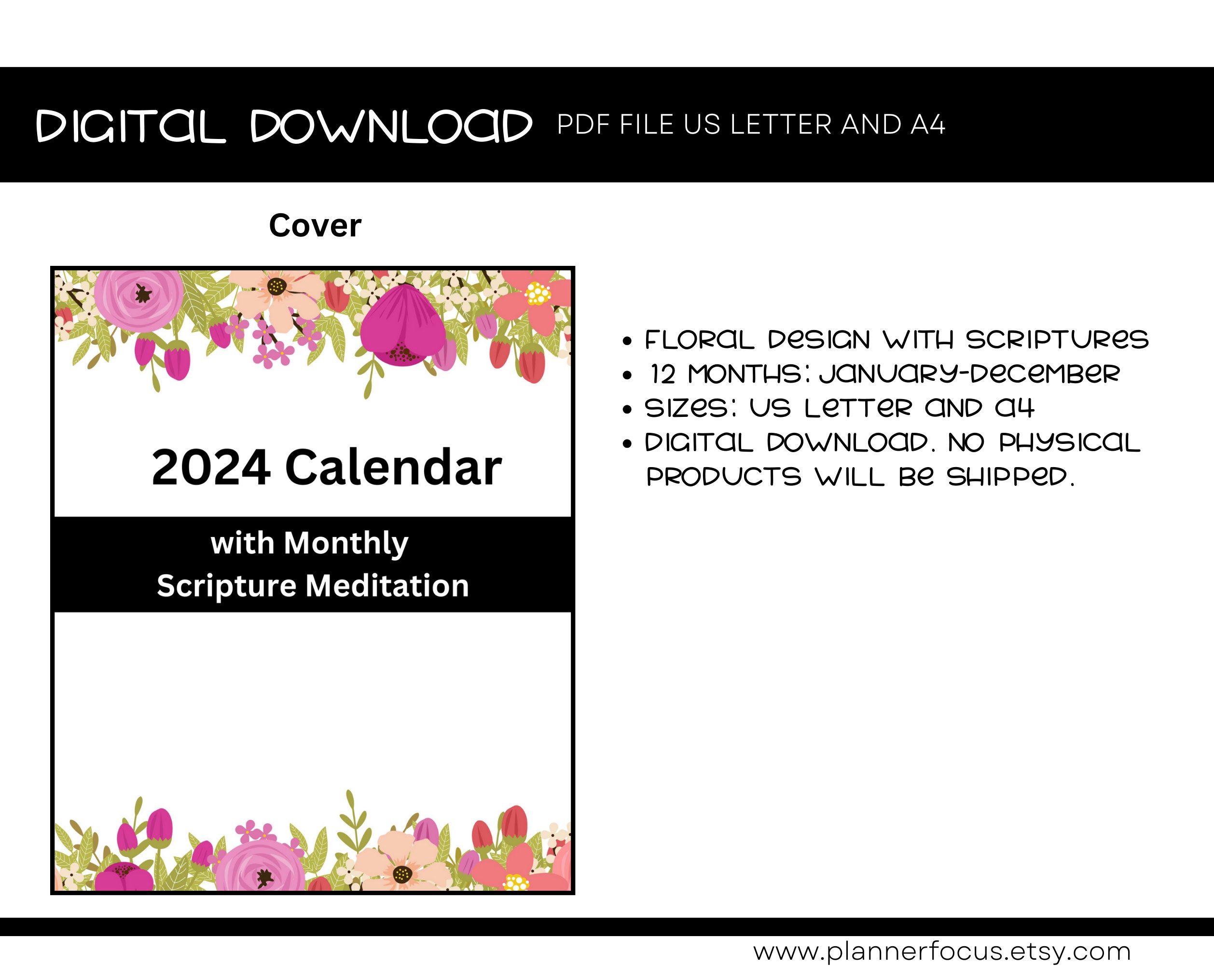 Printable 2024 Floral Calendar Printable faith Calendar With Scriptures ...