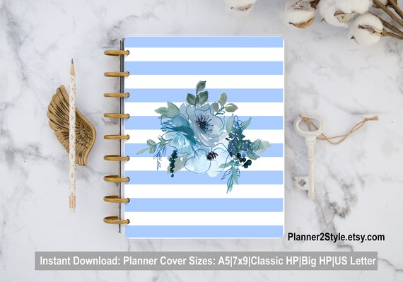 Blue Floral Happy Planner Cover HP Printable Cover Floral - Etsy