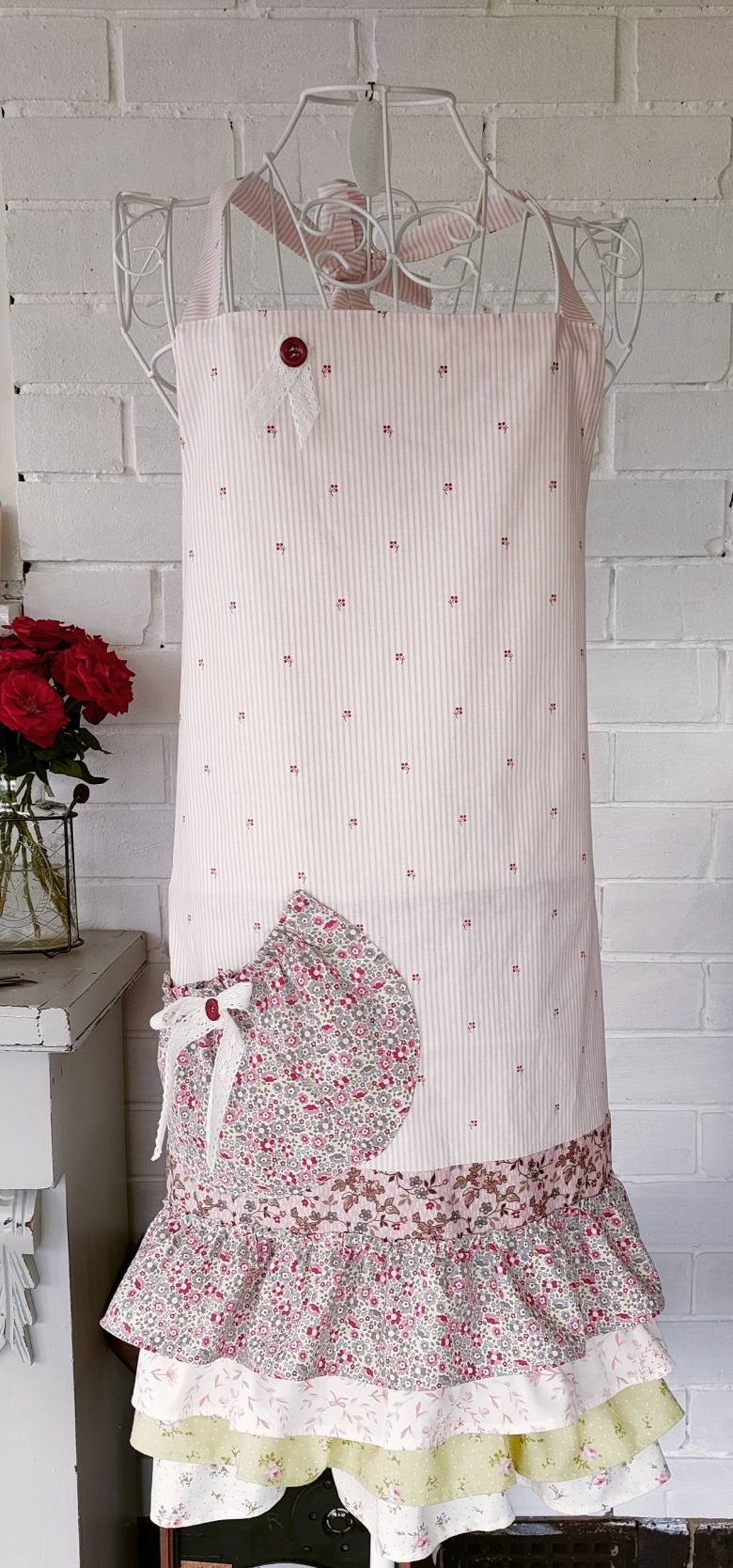 Frilly Ditsy Full Apron, Prairie Stripe and Floral Apron, Pink and ...