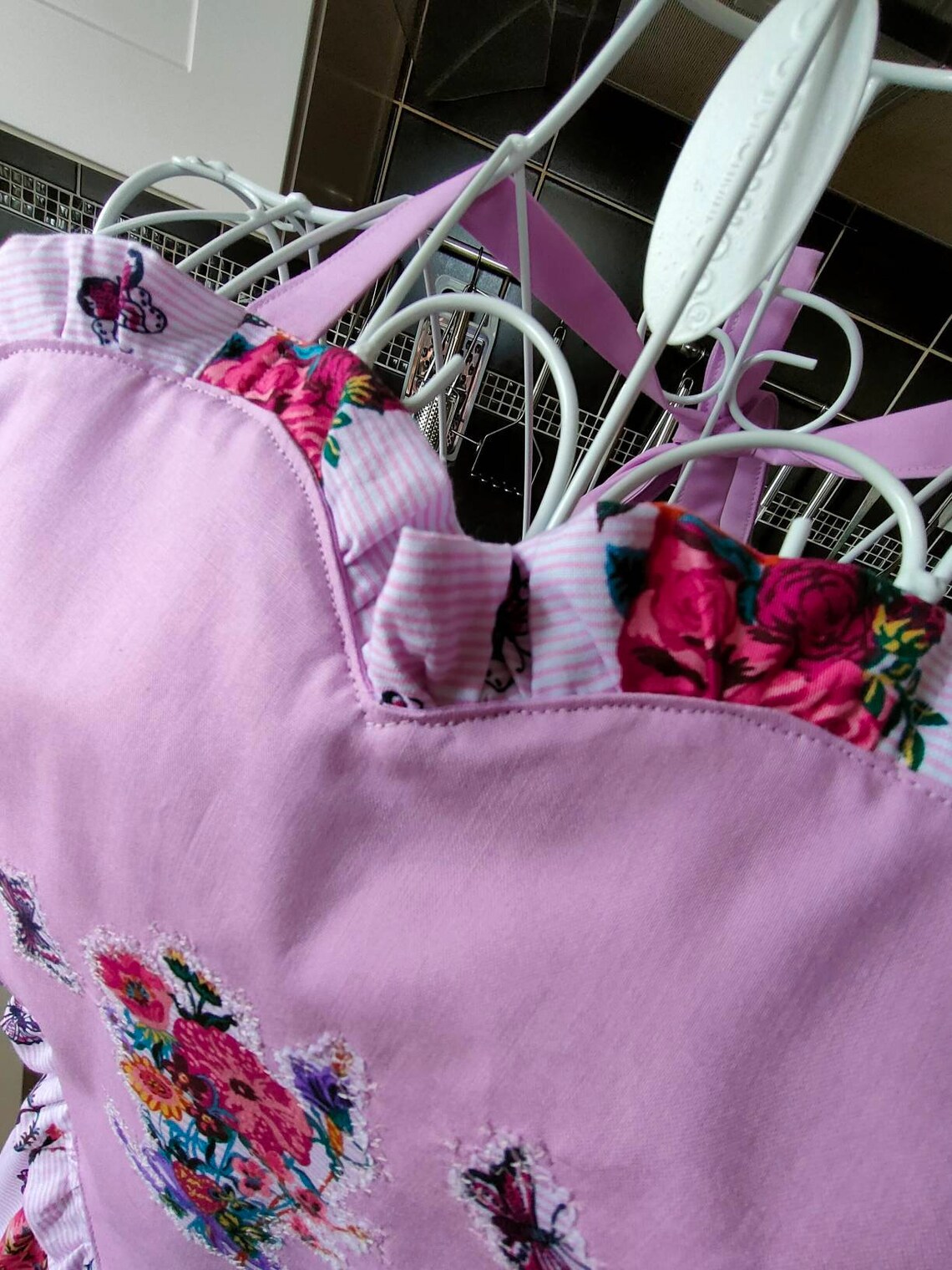 Heart Frilled Apron Pink Floral Apron Butterfly on Pink | Etsy