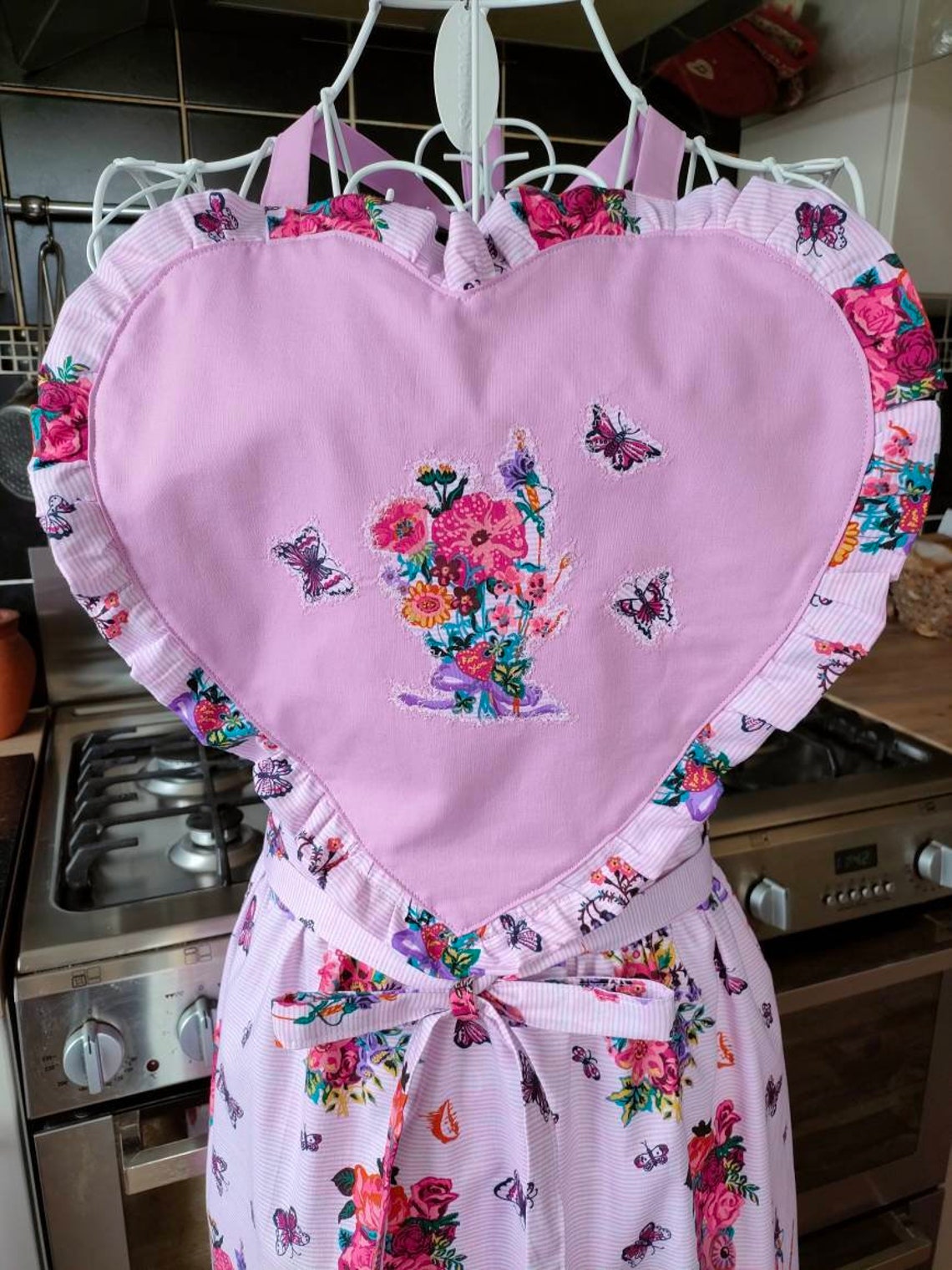 Heart Frilled Apron Pink Floral Apron Butterfly on Pink | Etsy