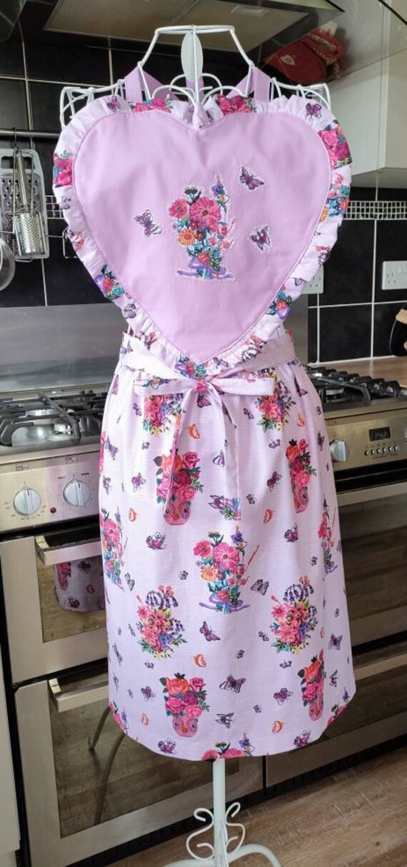 Heart Frilled Apron Pink Floral Apron Butterfly on Pink - Etsy