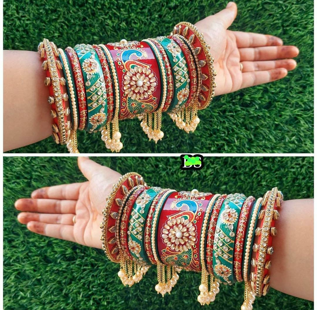 Green & Red Traditional Indian Rajwadi Chura, Marwari Bridal Chuda ...