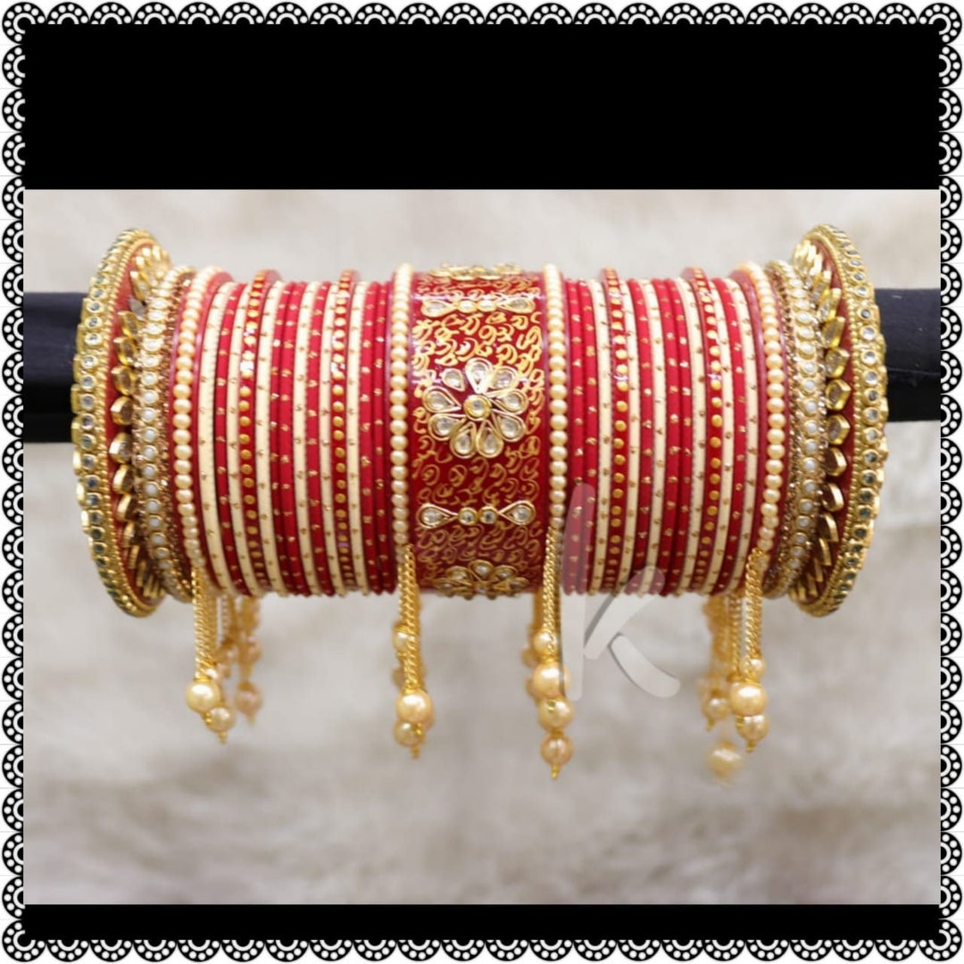 Red Color Chuda for Wedding, Indian Bridal Chura, Kundan & Glass Stone ...