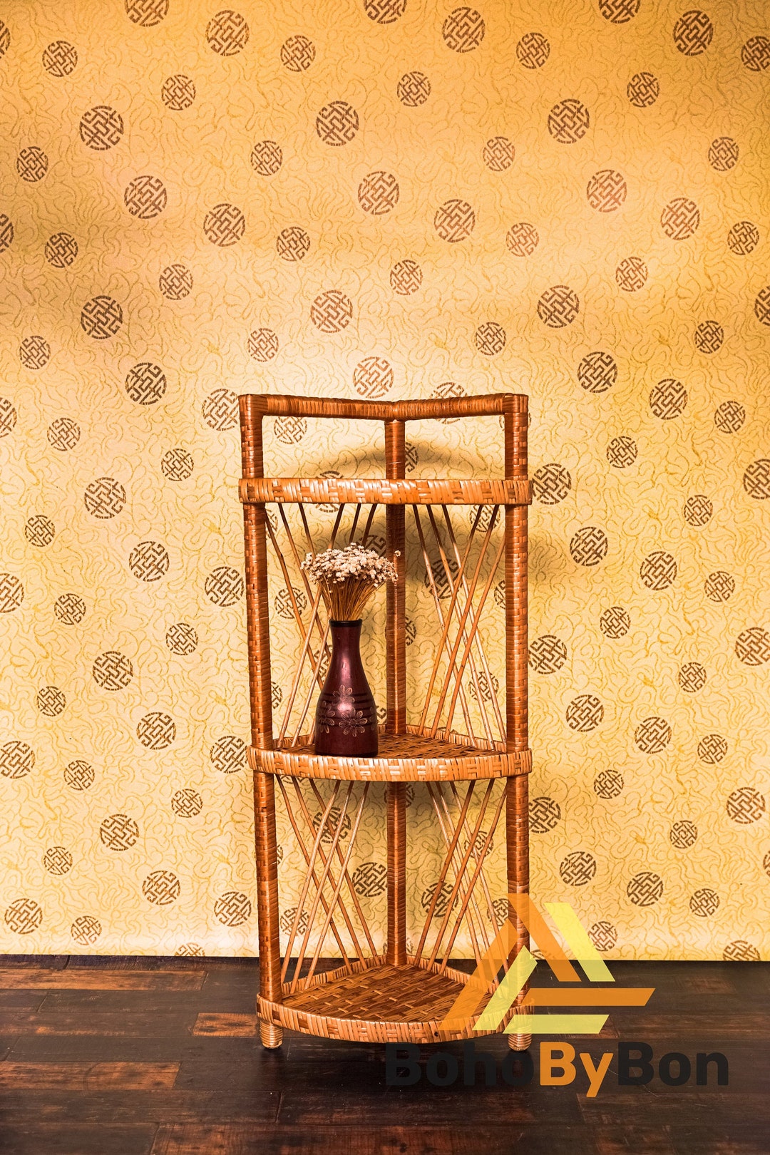 Wicker Corner Shelf, Boho Triangle Shelf Wicker Etagere, Triangle Book ...