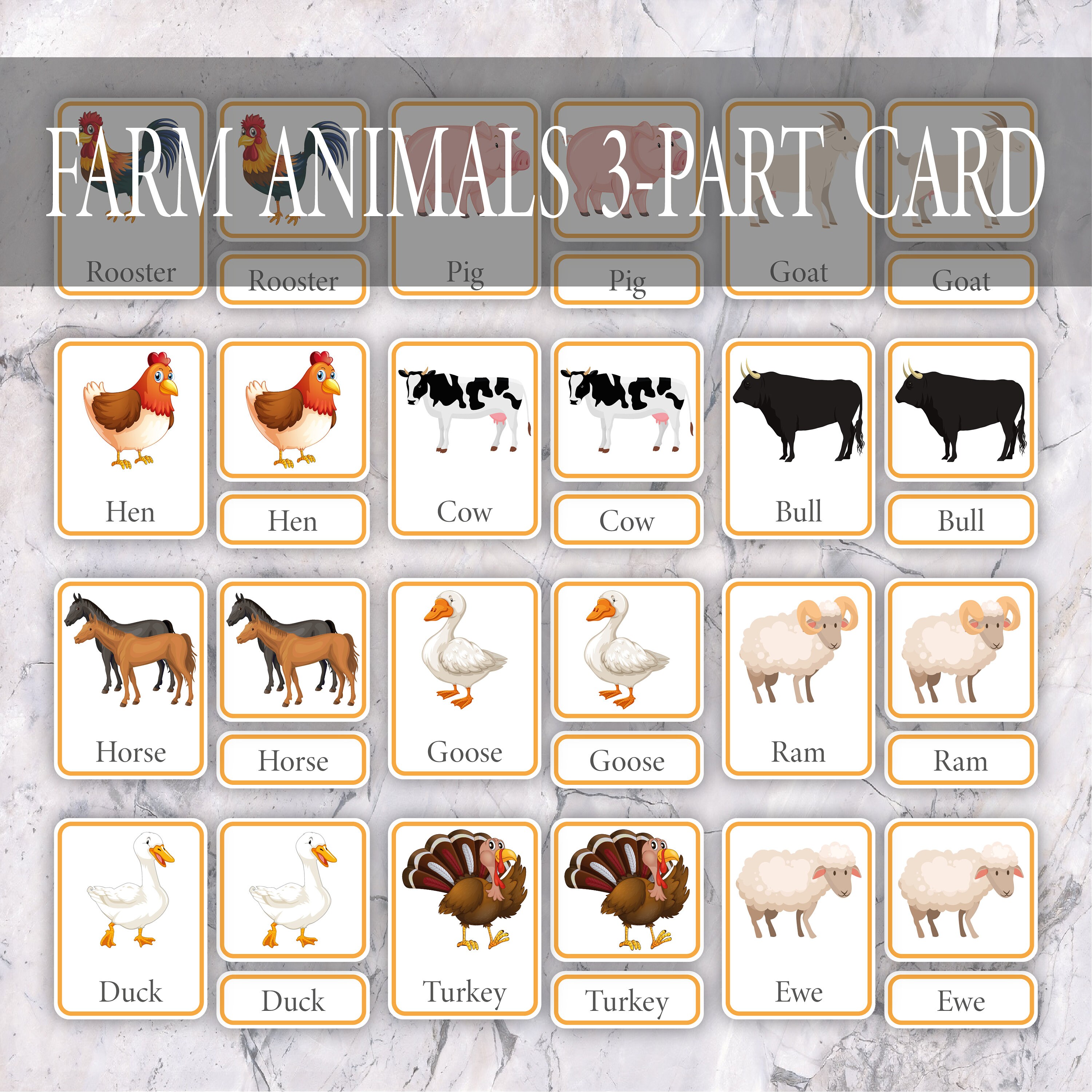 Farm Animals Three Part Flash Cards, Printable Download, Homeschooling ...