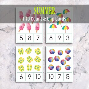 SUMMER 1-10 Count and Clip Cards Watercolor Printable Number Toddler ...