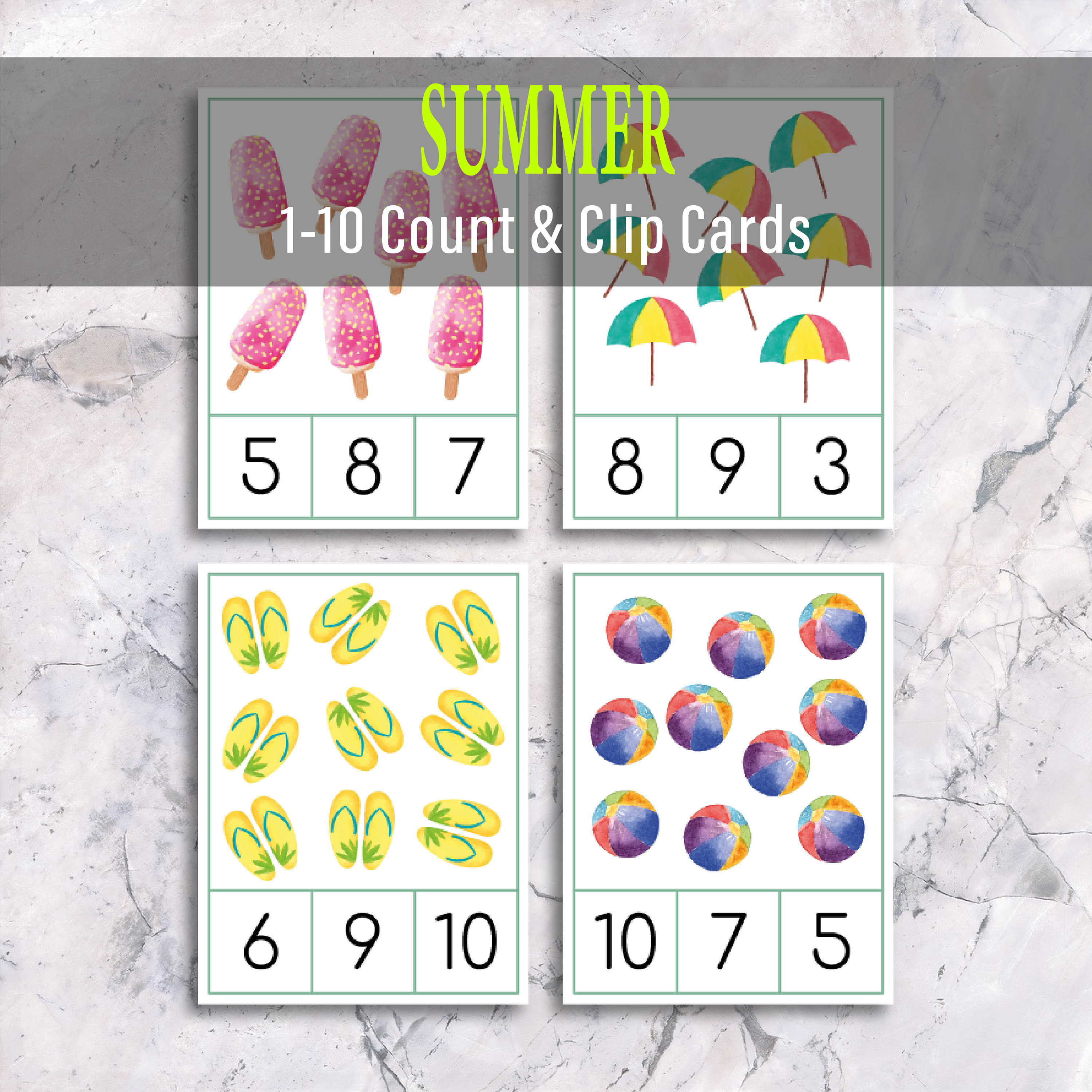 SUMMER 1-10 Count and Clip Cards Watercolor Printable Number Toddler ...