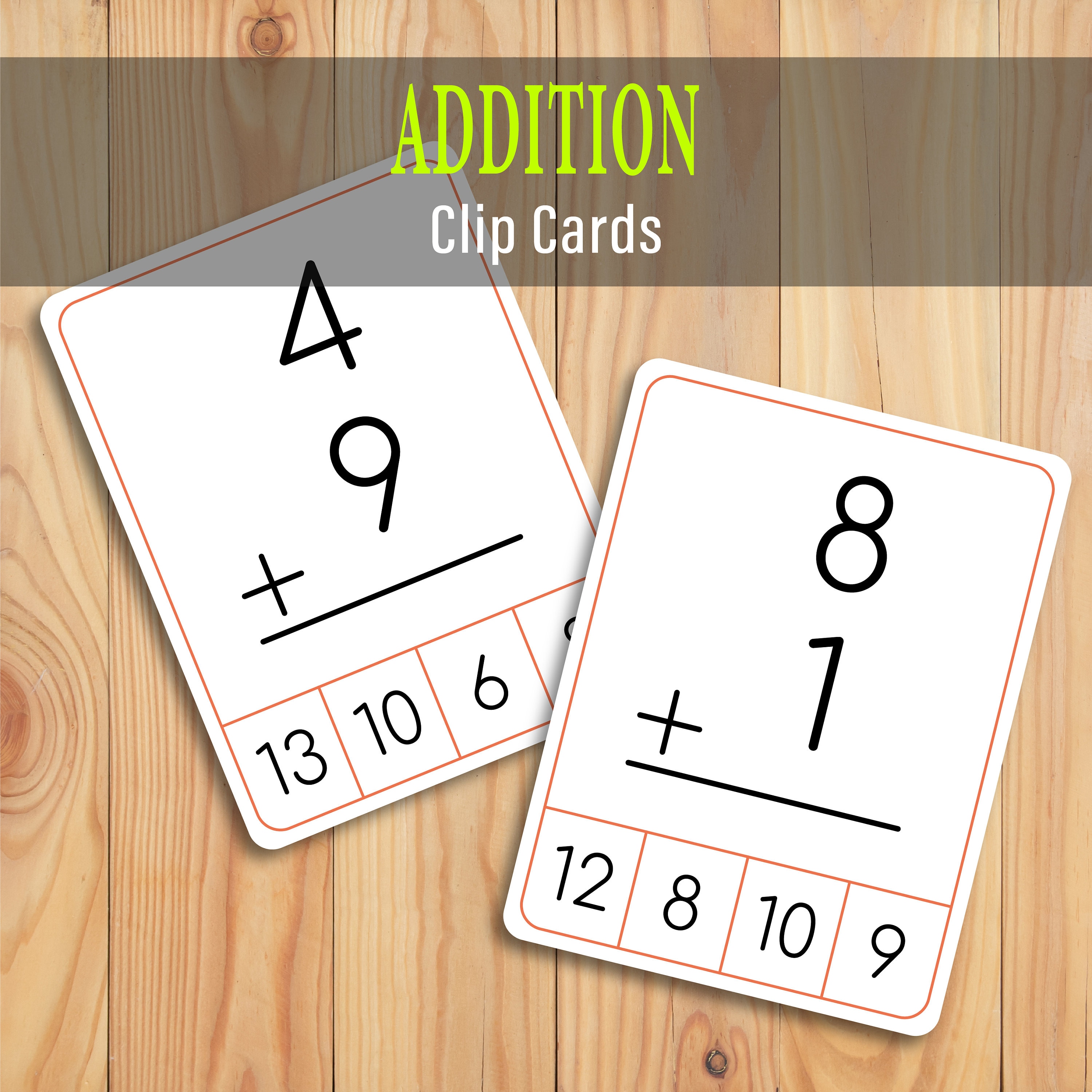 ADDITION 100 Cards Clip Cards, Math Flash Cards, Printable Toddler Busy ...