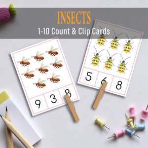 INSECTS 1-10 Count and Clip Cards Watercolor BUGS Printable Number ...