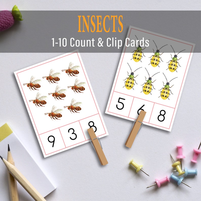 INSECTS 1-10 Count and Clip Cards Watercolor BUGS Printable Number ...