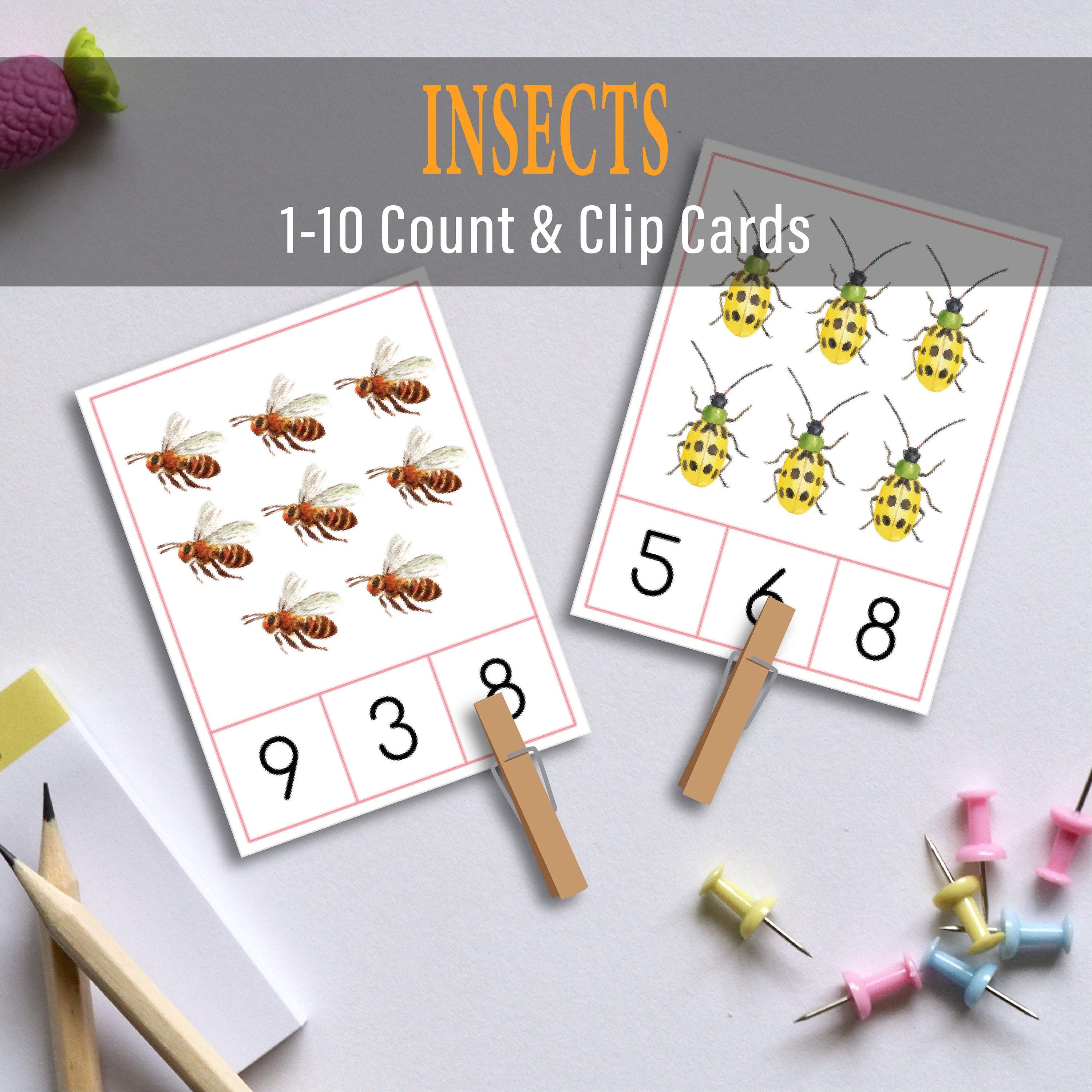 INSECTS 1-10 Count and Clip Cards Watercolor BUGS Printable Number ...