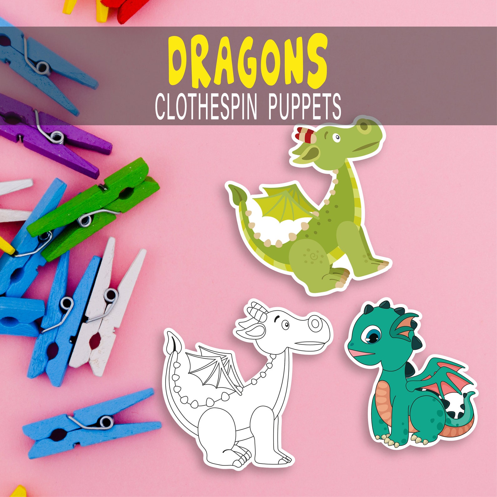 Dragons Clothespin Puppets Printable Toddler Busy Book, Montessori ...