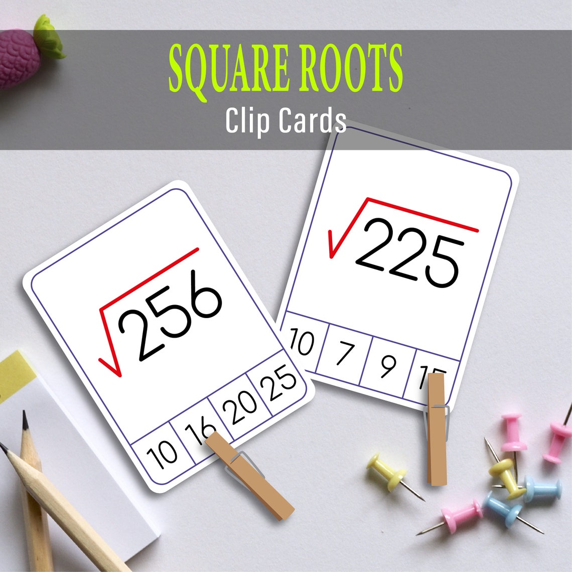 SQUARE ROOTS (32 Cards) Clip Cards, Math Flash Cards, Printable Toddler ...