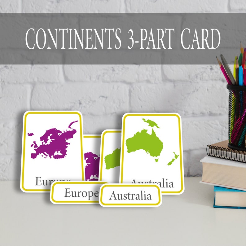 CONTINENTS of the WORLD Three Part Flash Cards, Printable World Map ...