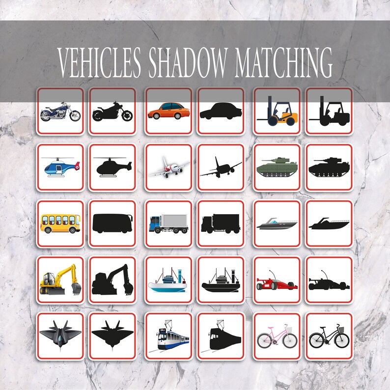 Vehicles Shadow Matching Game Cards: Montessori Learning (PDF) - Etsy