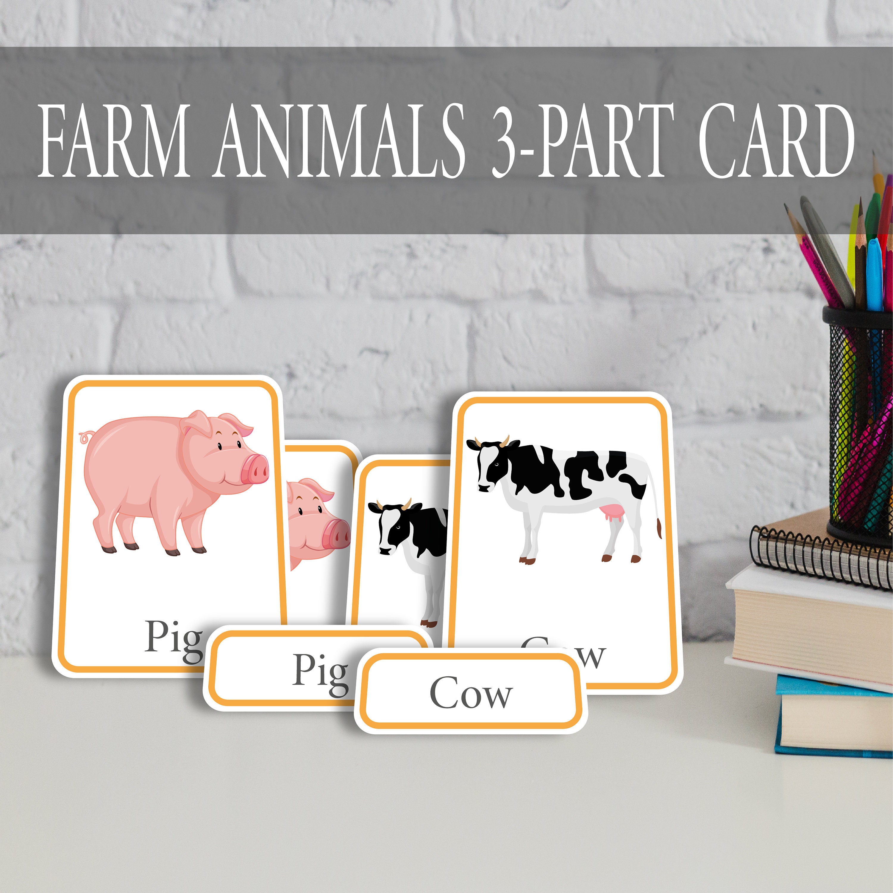 Farm Animals Three Part Flash Cards, Printable Download, Homeschooling ...