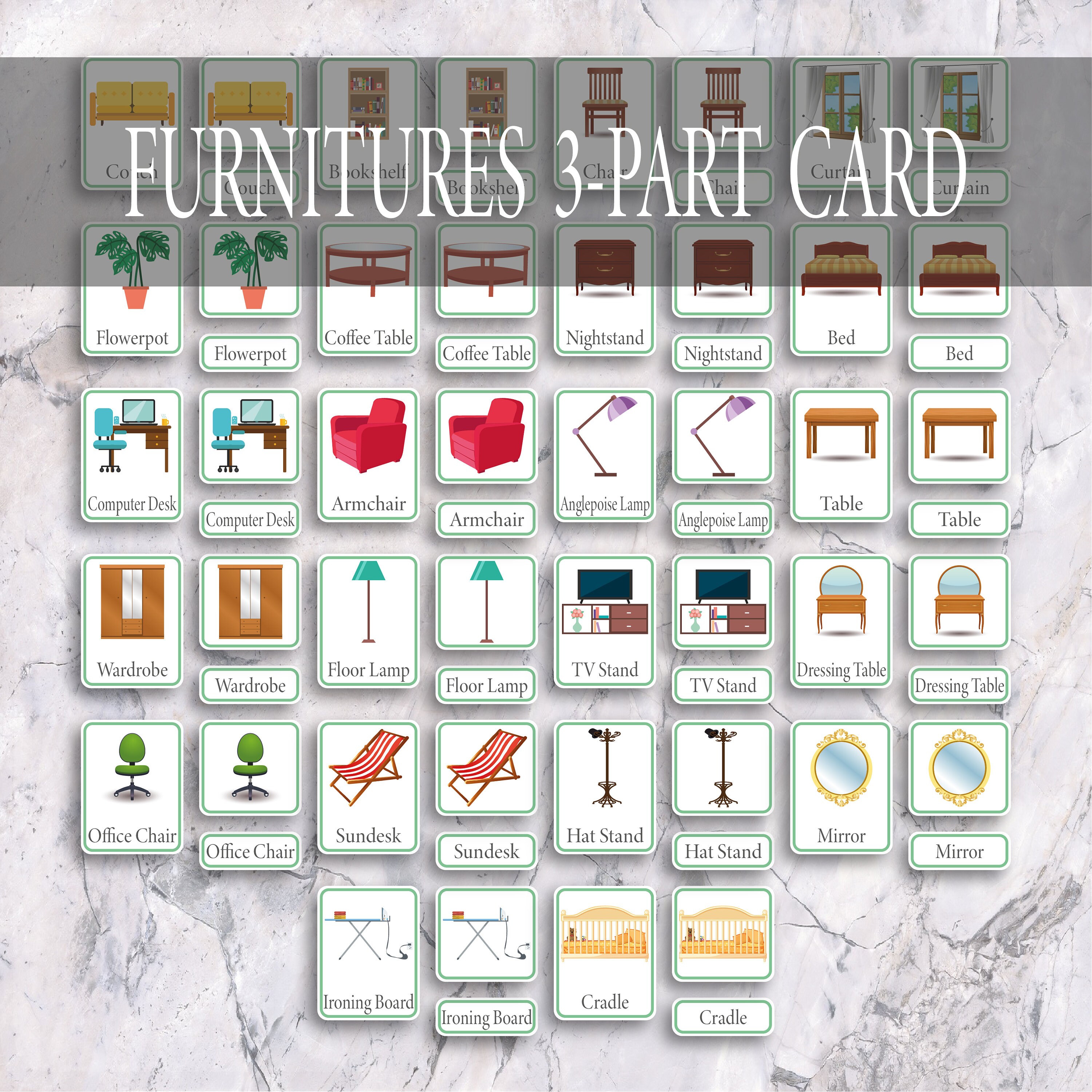 FURNITURE Three Part Flash Card, Montessori Toddler Printable ...