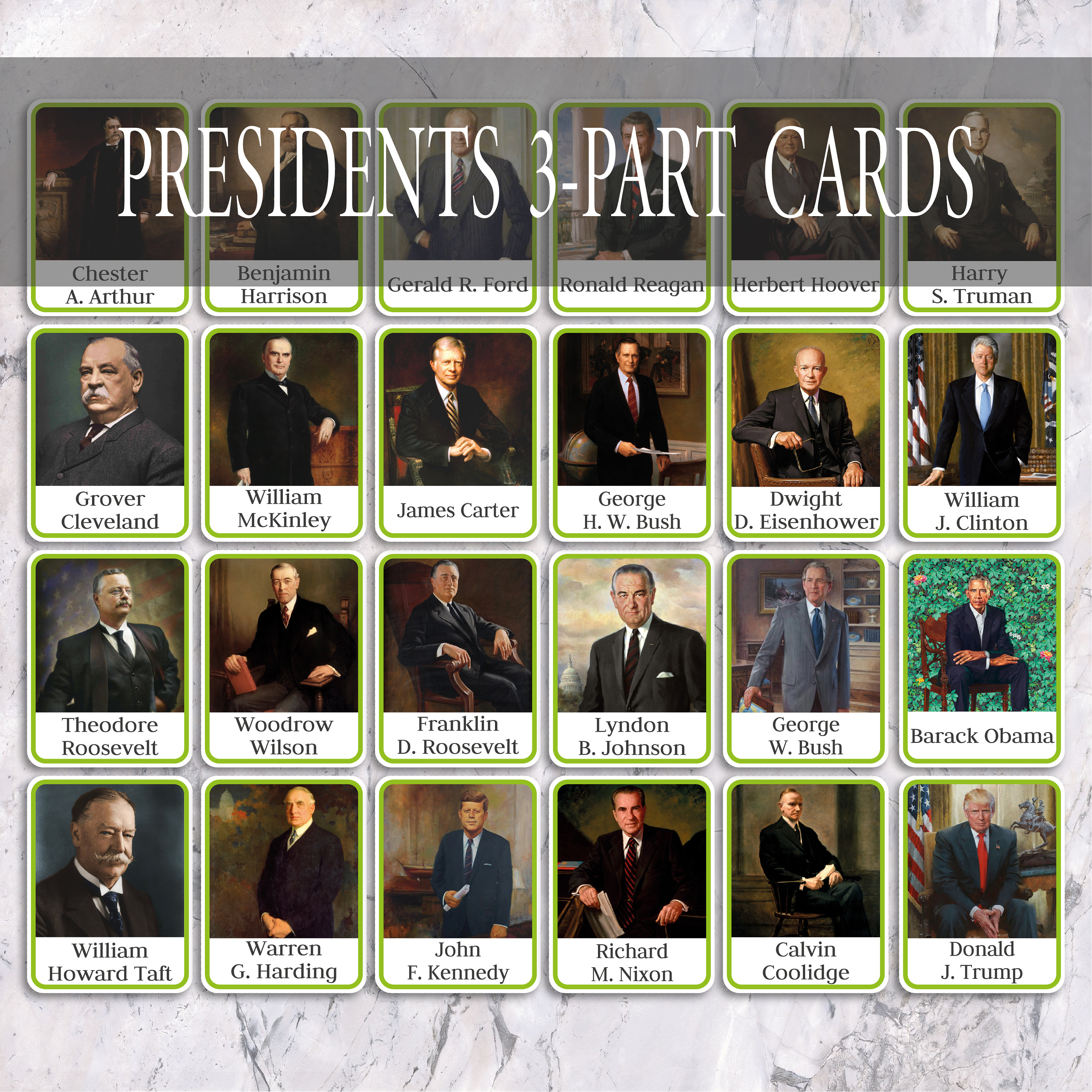 UNITED STATES PRESIDENTS Three Part Flash Cards, Montessori Toddler ...