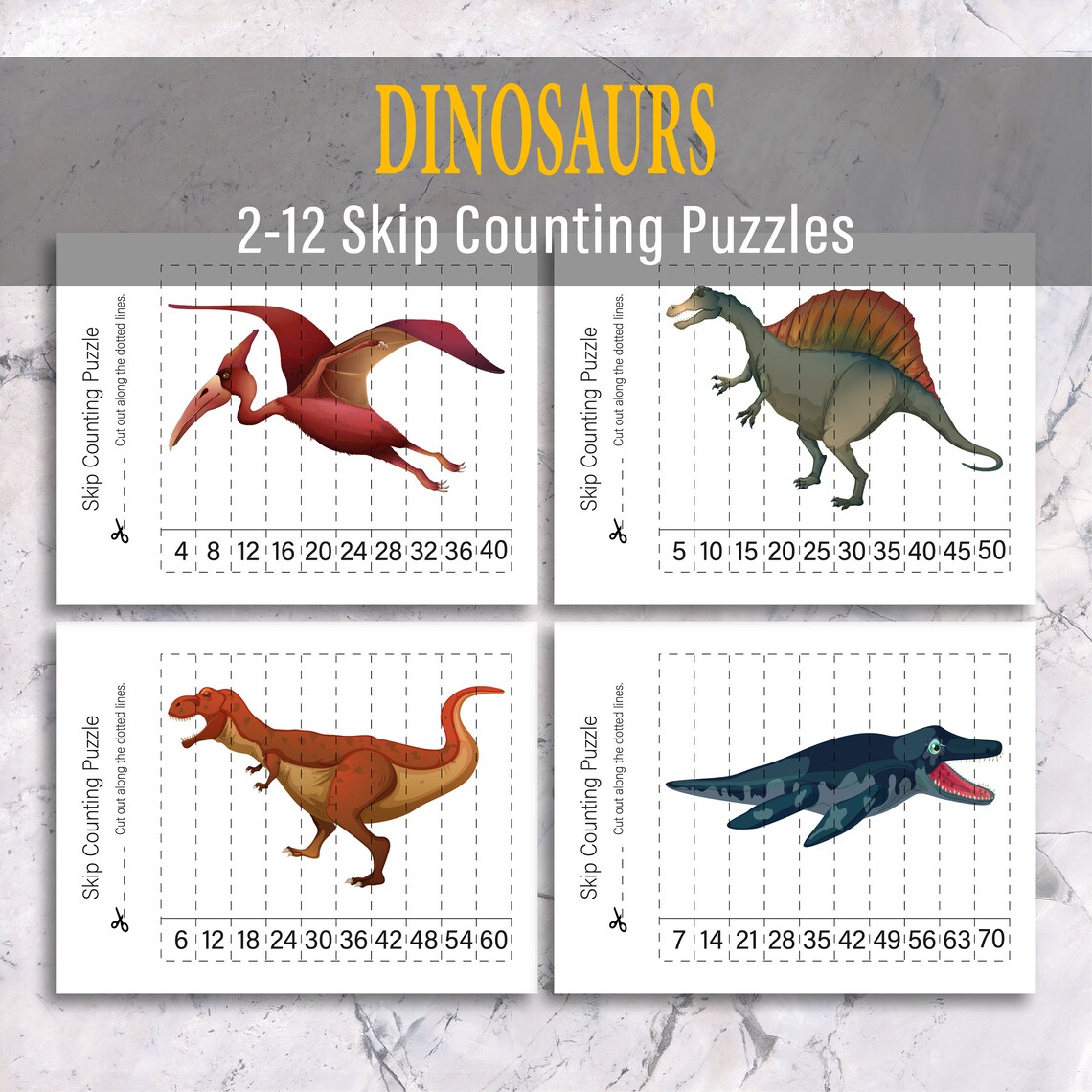 DINOSAURS 2-12 Skip Counting Sequence Number Puzzle Printable - Etsy