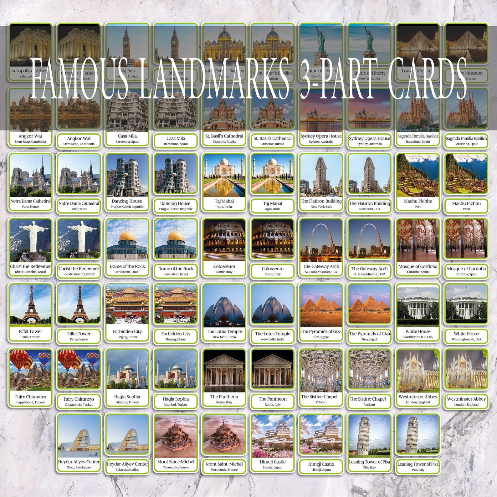 World Famous Landmarks Three Part Flashcards World Wonders - Etsy