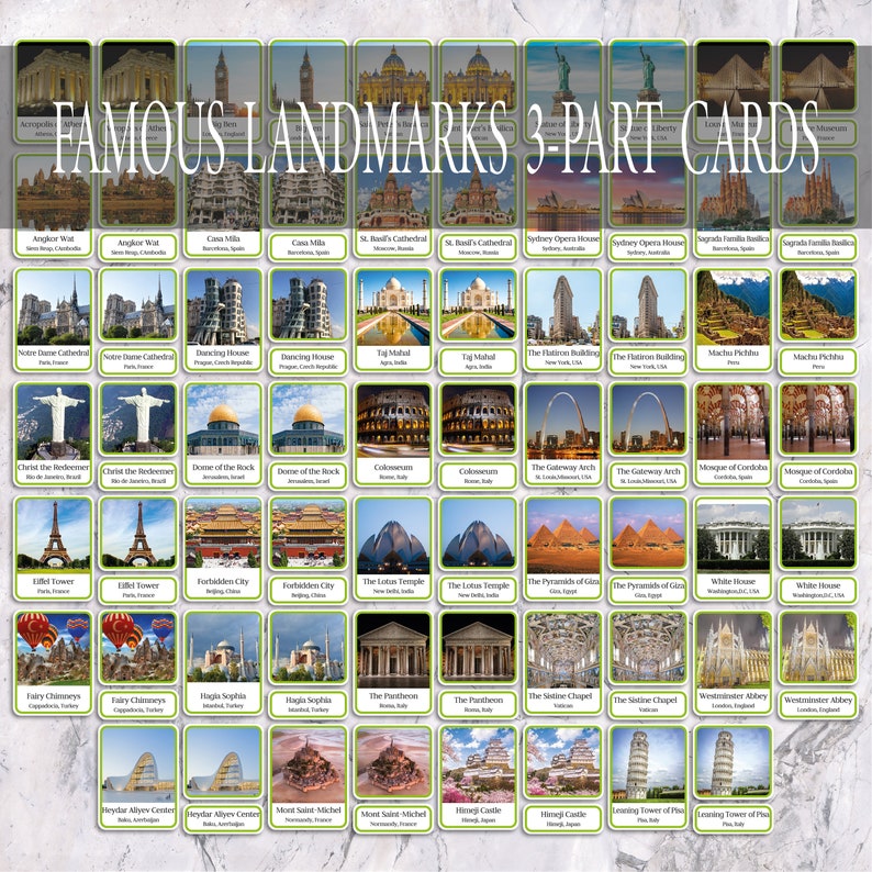 World Famous Landmarks Three Part Flashcards World Wonders - Etsy