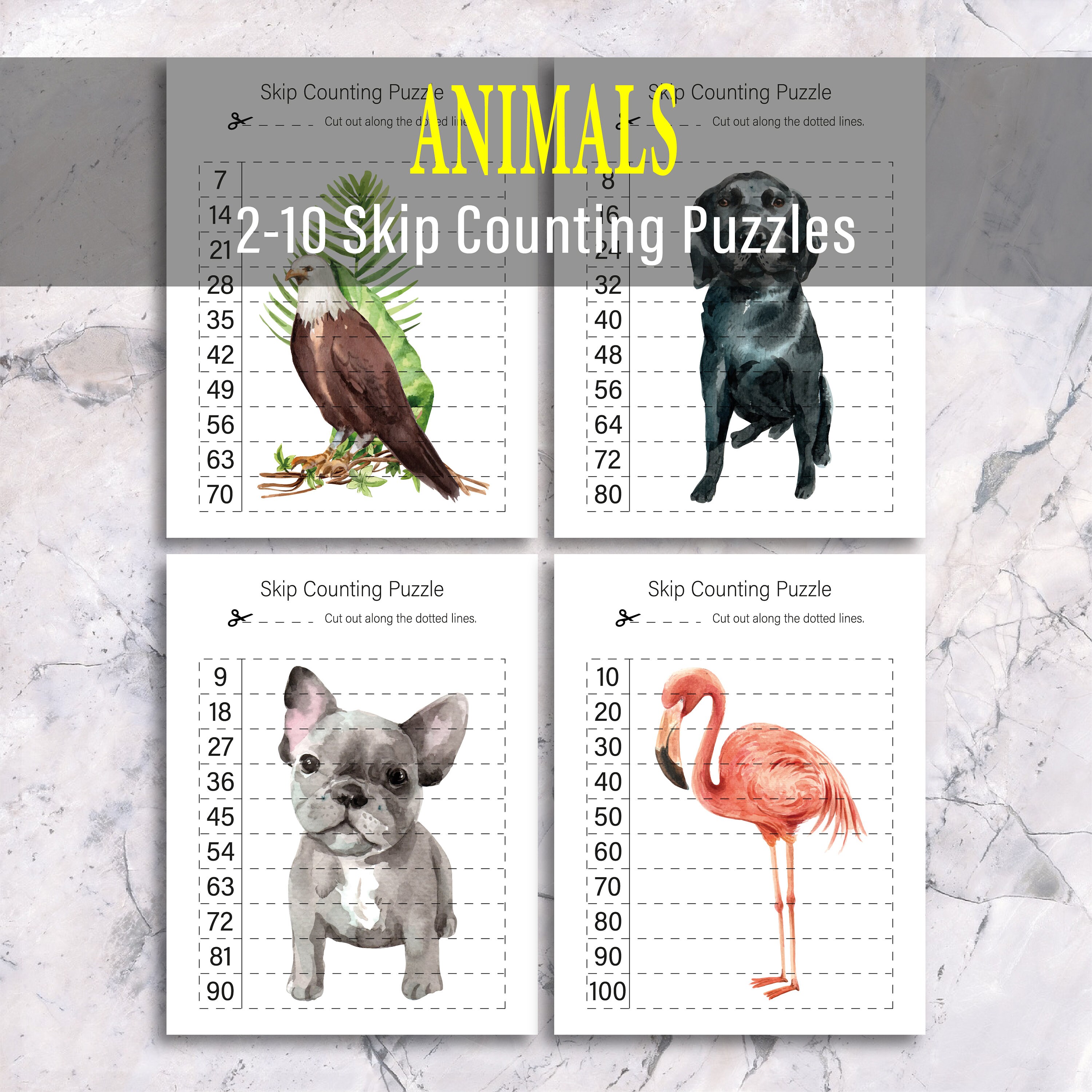 ANIMALS 2-10 Skip Counting Sequence Number Puzzle Printable - Etsy