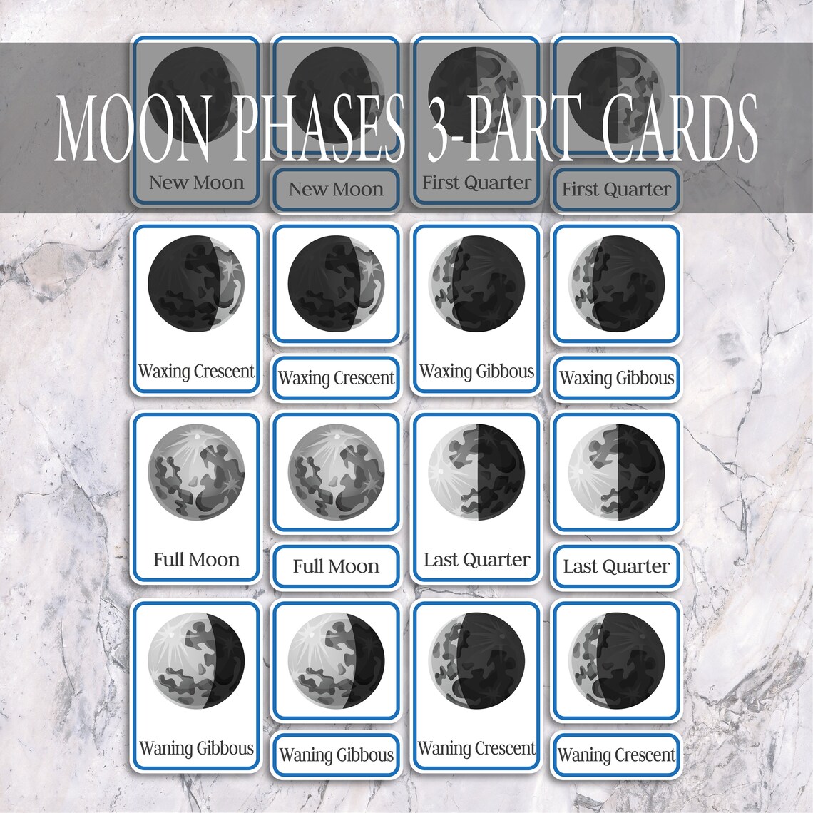 MOON PHASES Three Part Flash Cards Nomenclature Flashcards - Etsy