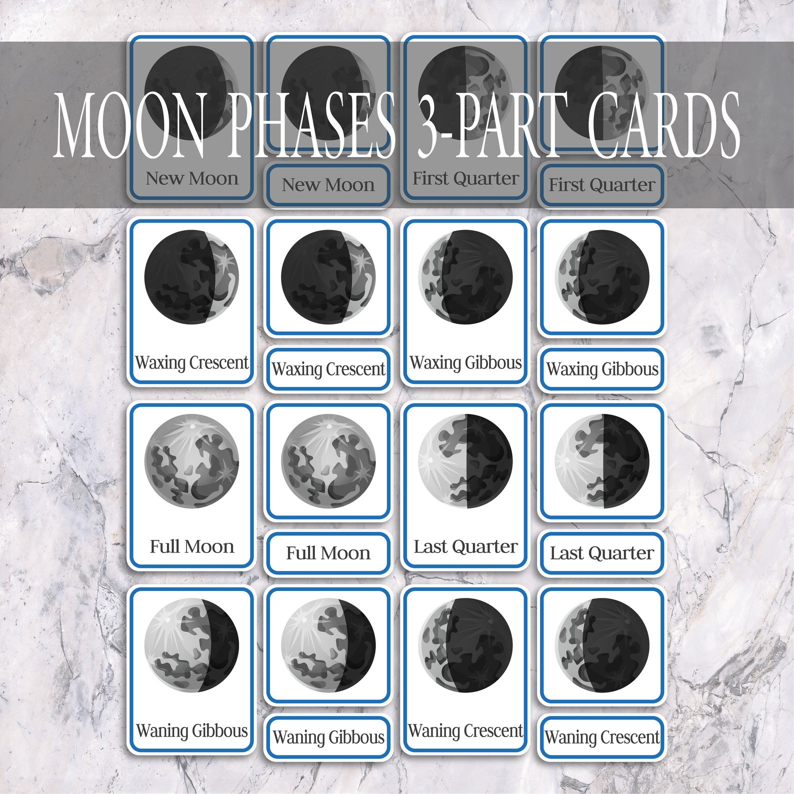 MOON PHASES Three Part Flash Cards Nomenclature Flashcards - Etsy