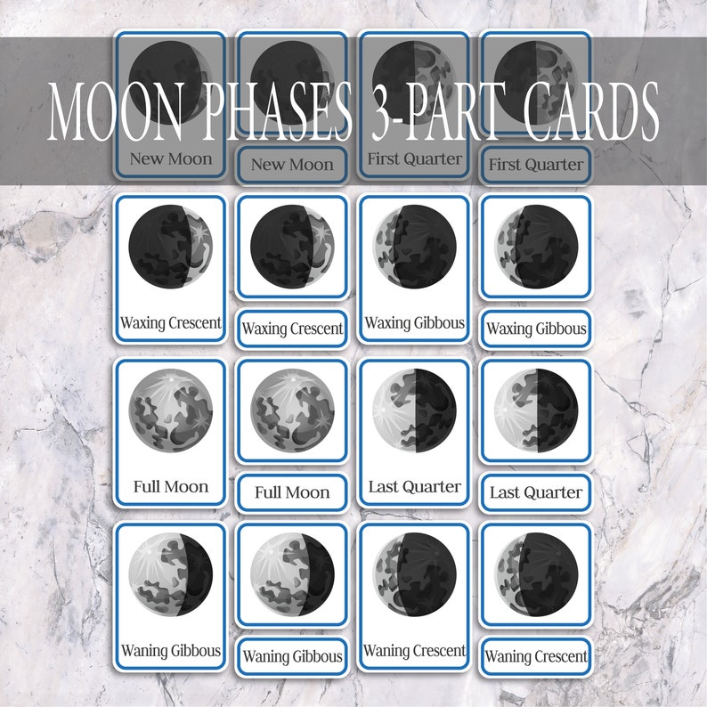 MOON PHASES Three Part Flash Cards Nomenclature Flashcards - Etsy