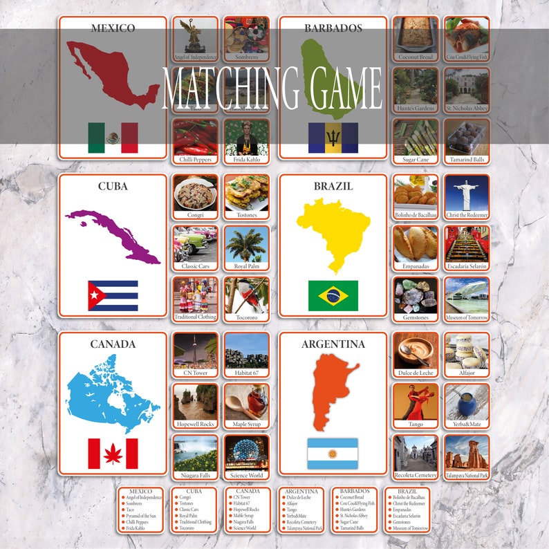 American Countries Matching Game Cards , Montessori Toddler Matching ...
