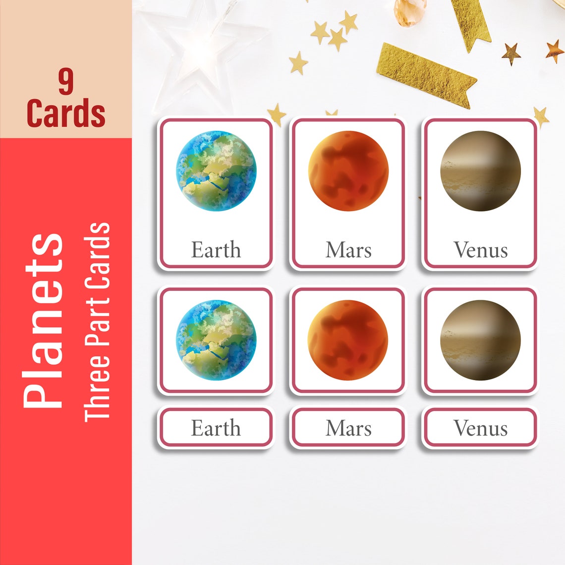 PLANETS Solar System Three Part Flash Cards Montessori | Etsy