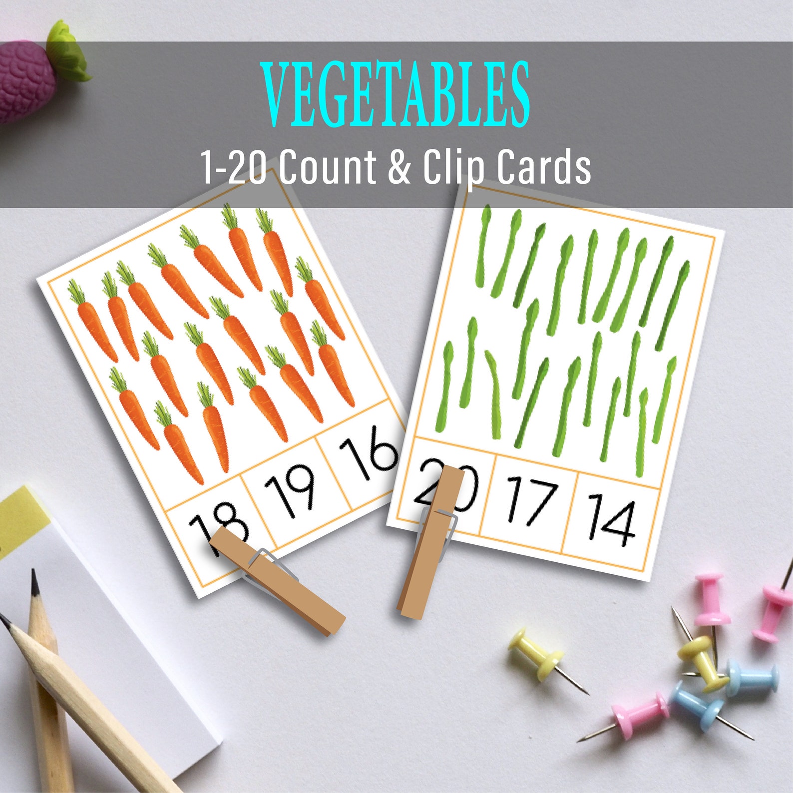 VEGETABLES 1-20 Count and Clip Cards Printable Number Toddler - Etsy