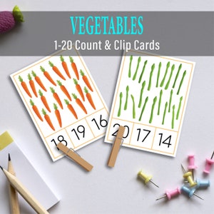 VEGETABLES 1-20 Count and Clip Cards Printable Number Toddler Busy Book ...