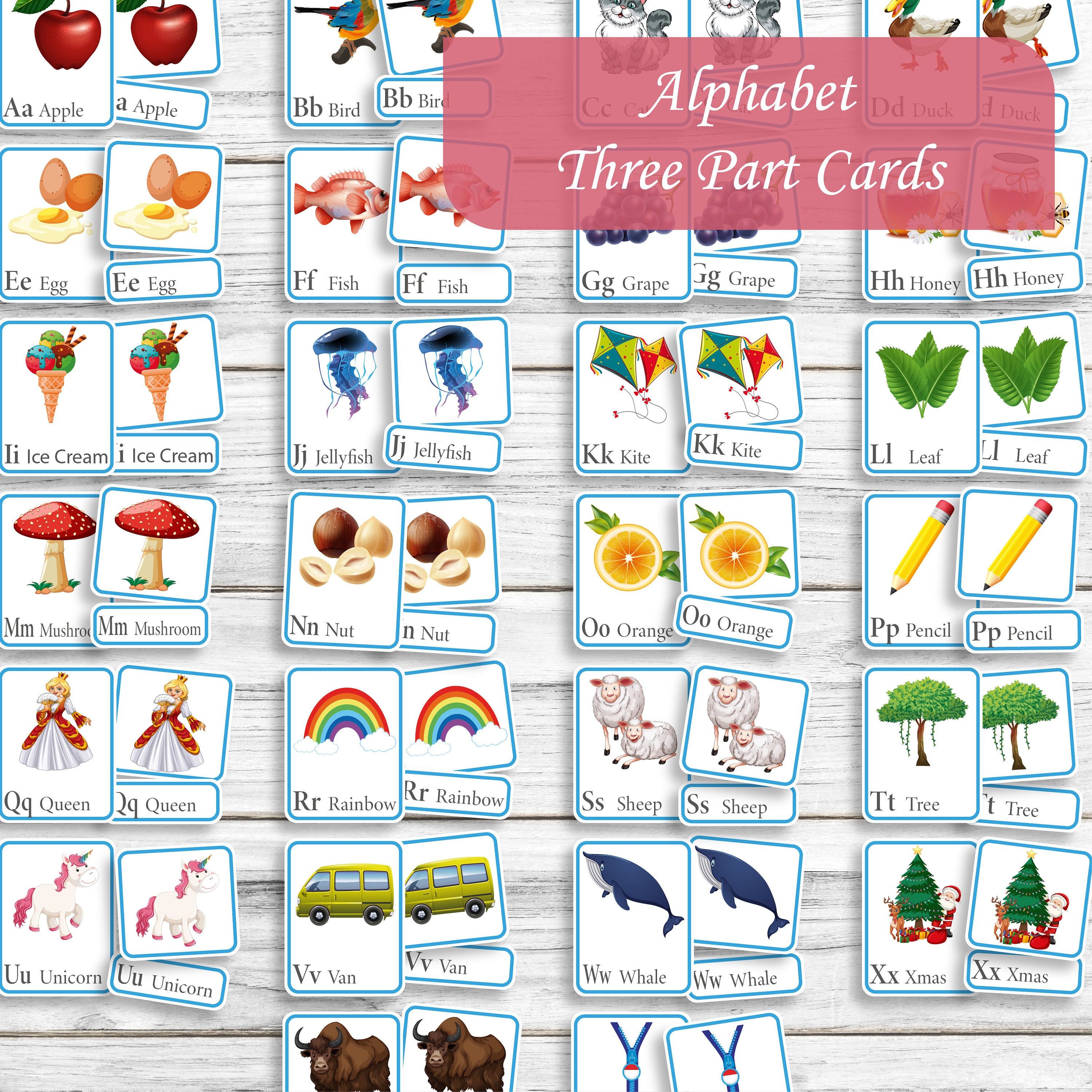 SET of Alphabet, Shapes, Color, Emotions Flashcard, Printable Clip Card ...