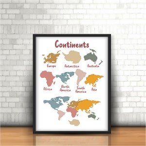 Continents of the World Map Printable Poster, Homeschool Kids Decor ...