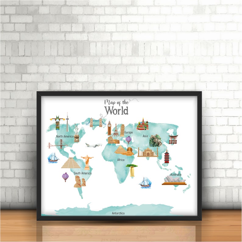Landmarks Map of the World Poster, Downloadable Print Watercolor ...