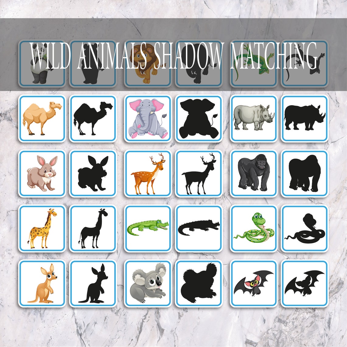 Wild Animals Shadow Matching Game Cards Montessori Toddler - Etsy