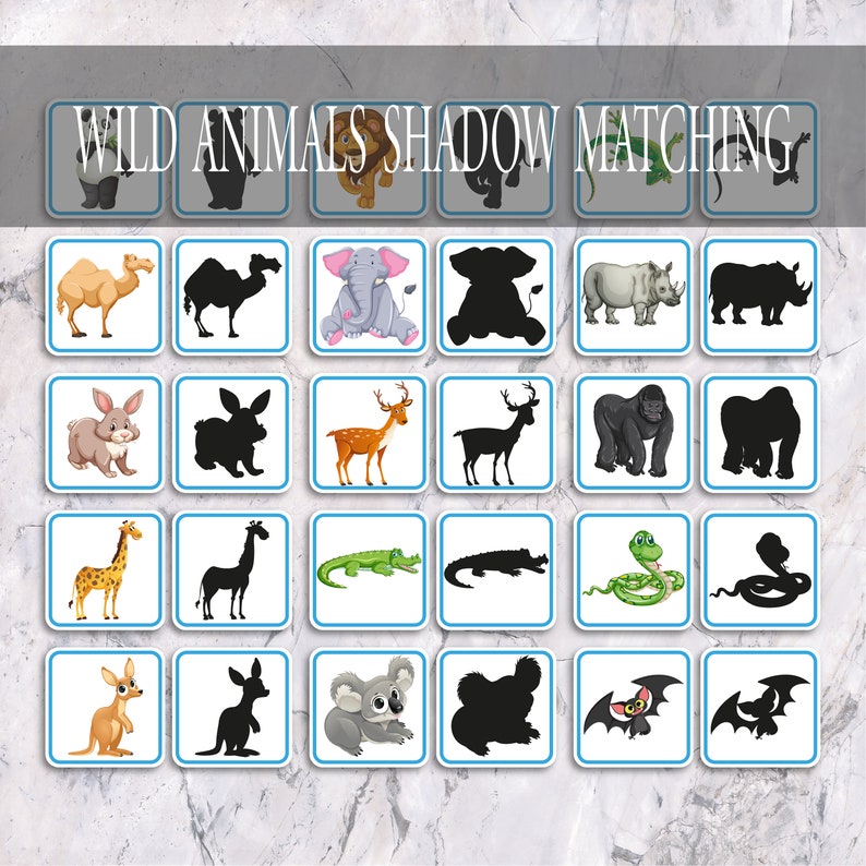 Wild Animals Shadow Matching Game Cards Montessori Toddler - Etsy