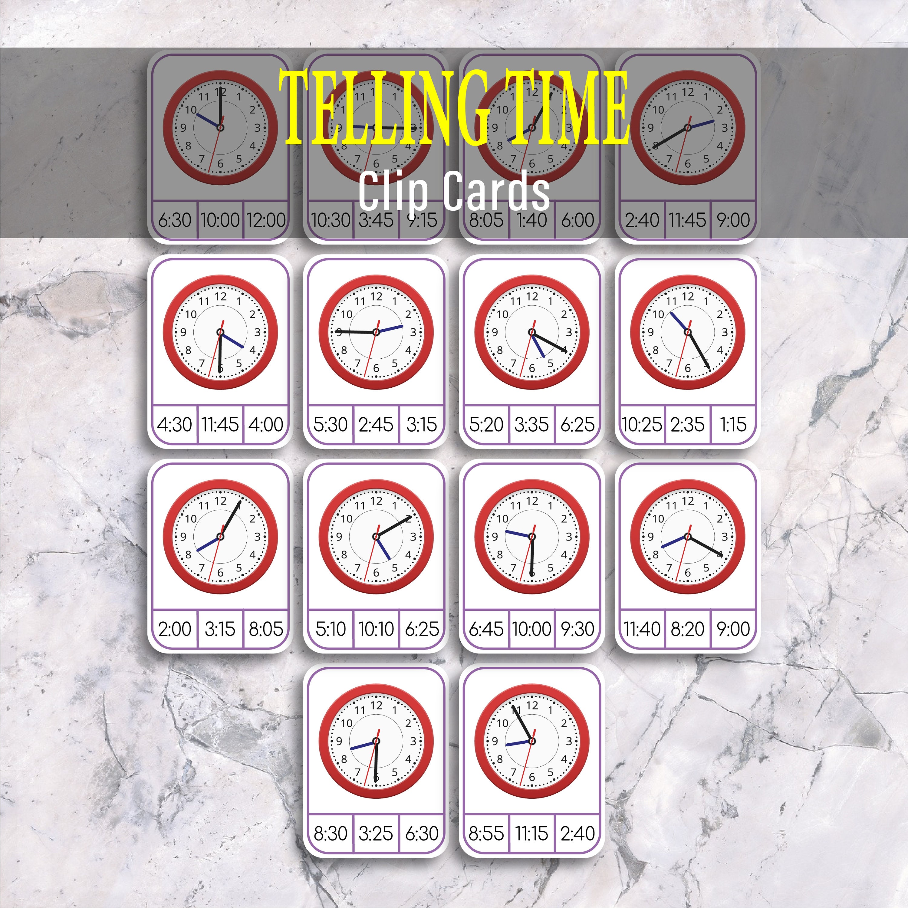 TELLING TIME (32 Cards) Clip Cards, Clock Flash Cards, Educational ...