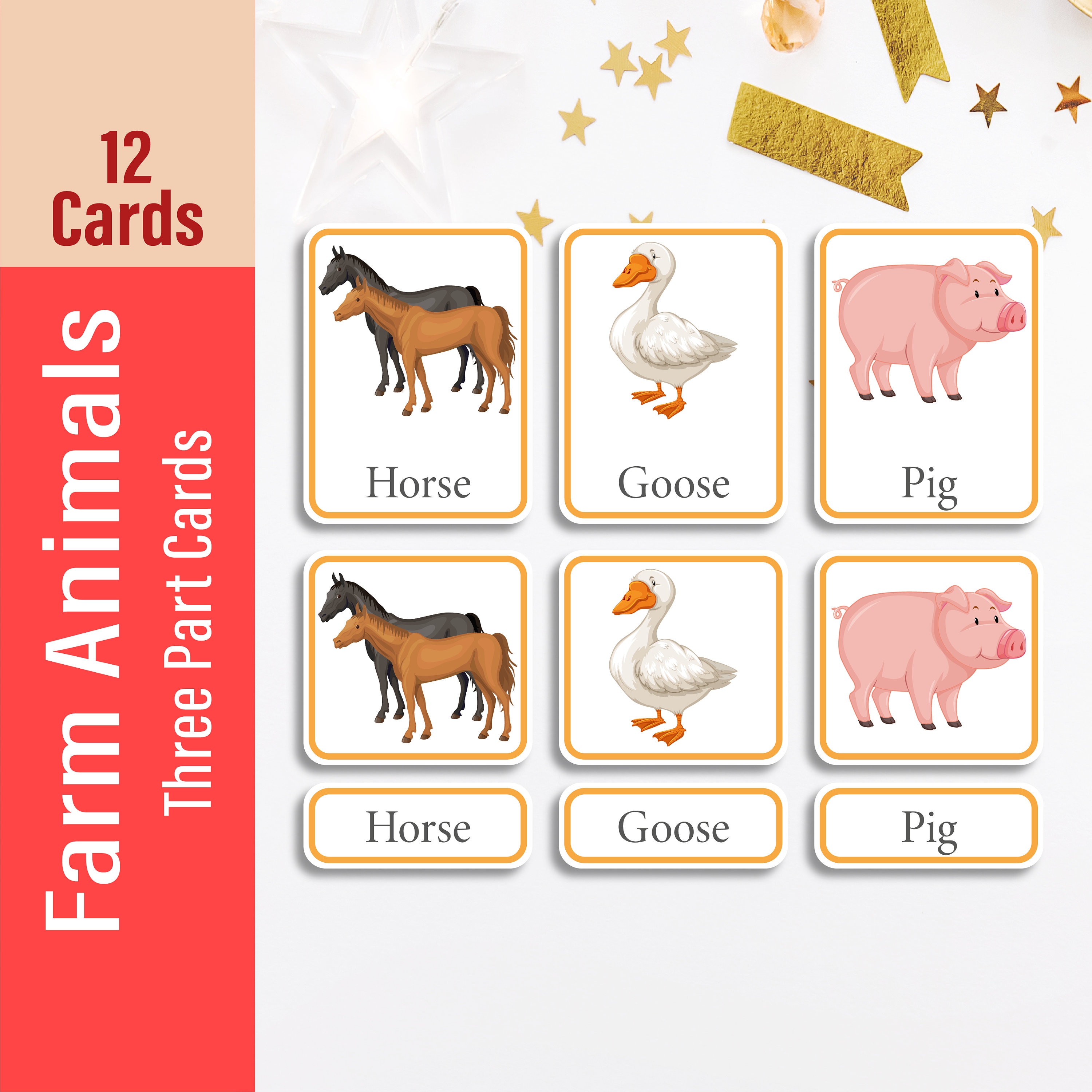 Farm Animals Three Part Flash Cards, Printable Download, Homeschooling ...