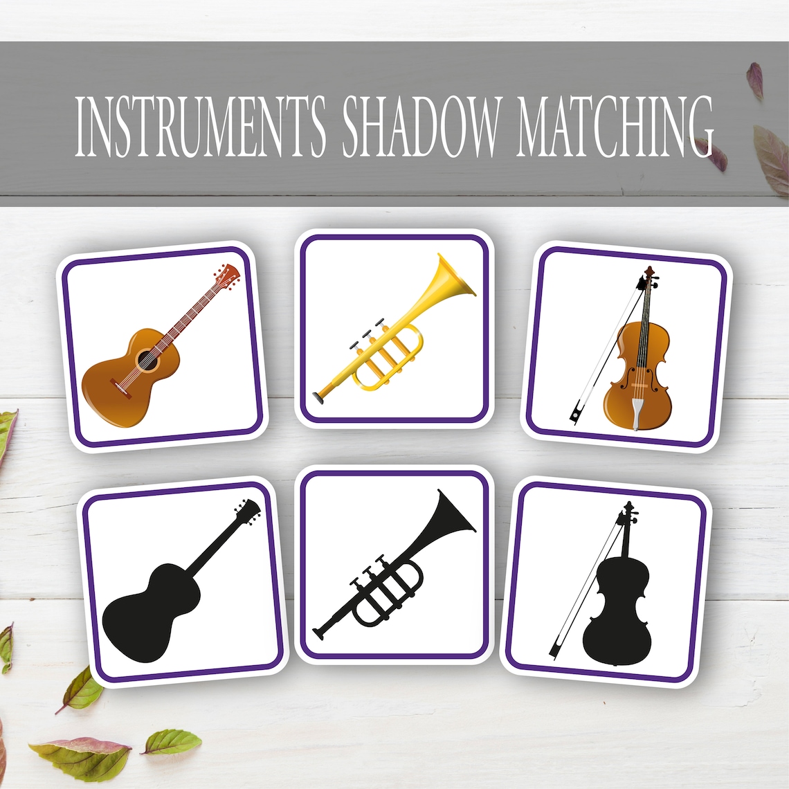 Musical Instruments Shadow Matching Card, Montessori Cards, Memory Game ...