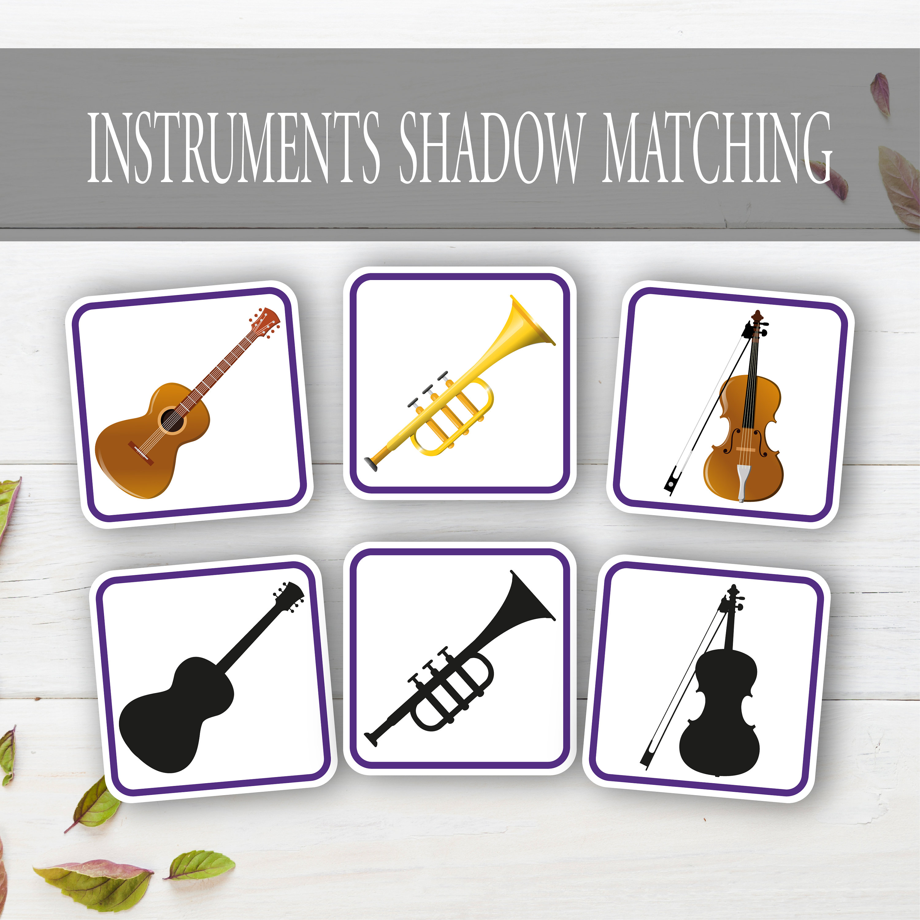 Musical Instruments Shadow Matching Card, Montessori Cards, Memory Game ...
