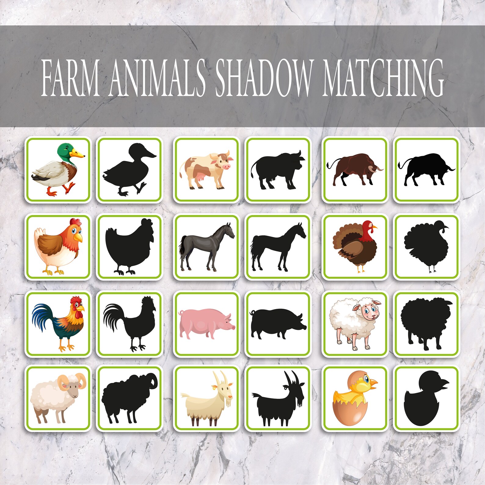 Farm Animals Shadow Matching Game Cards, Montessori Toddler Matching ...