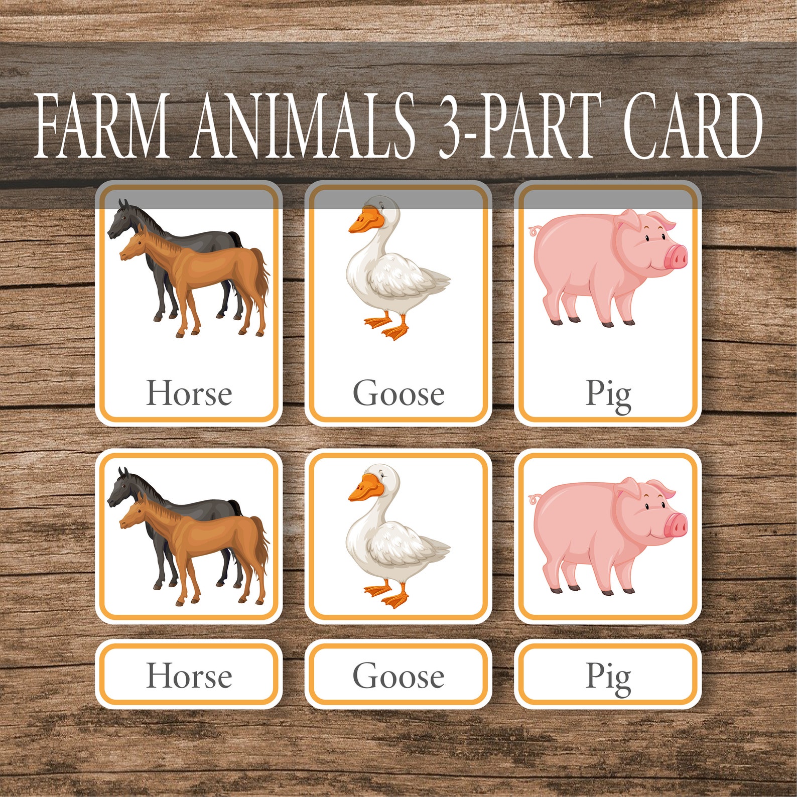Farm Animals Three Part Flash Cards Printable Download - Etsy