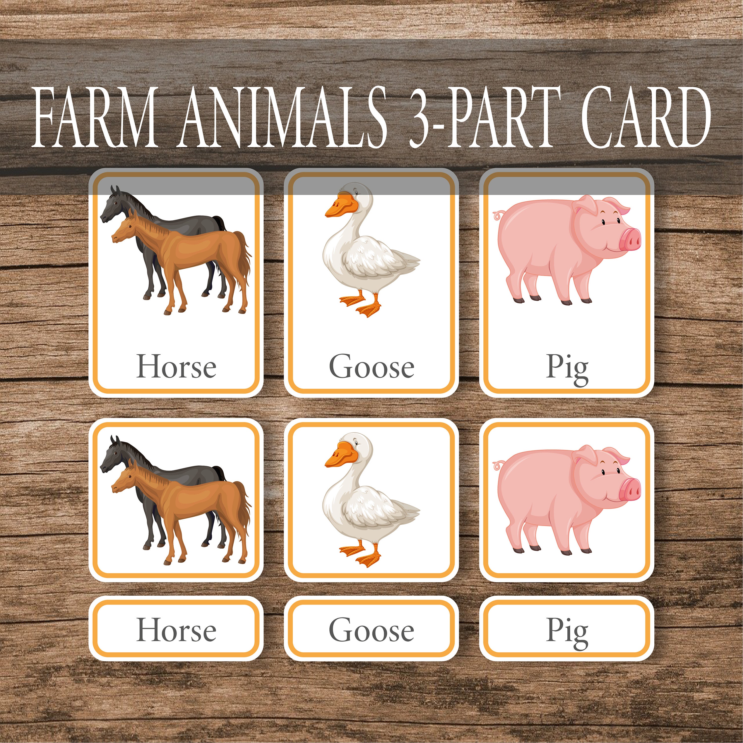 Farm Animals Three Part Flash Cards, Printable Download, Homeschooling ...