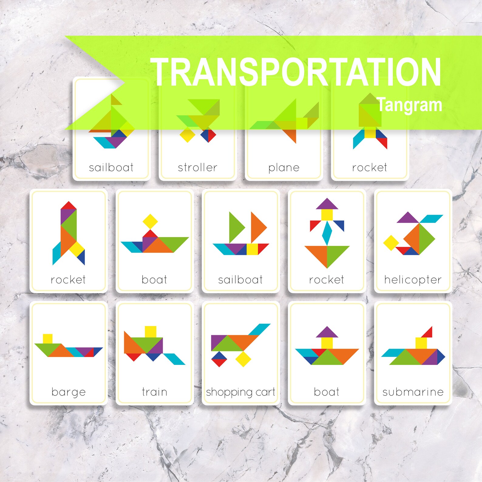 TANGRAM TRANSPORTATION Printable Puzzles, Vehicle Flash Card ...