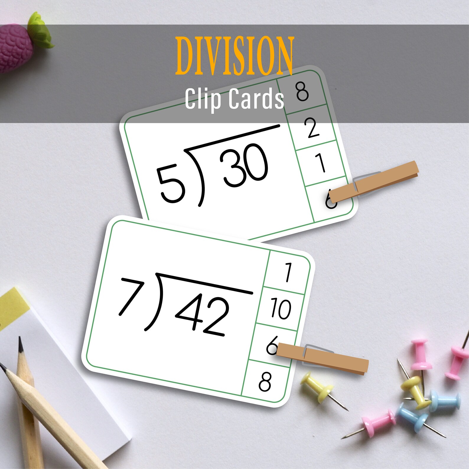DIVISION (100 Cards) Clip Cards, Math Flash Cards, Printable Toddler ...