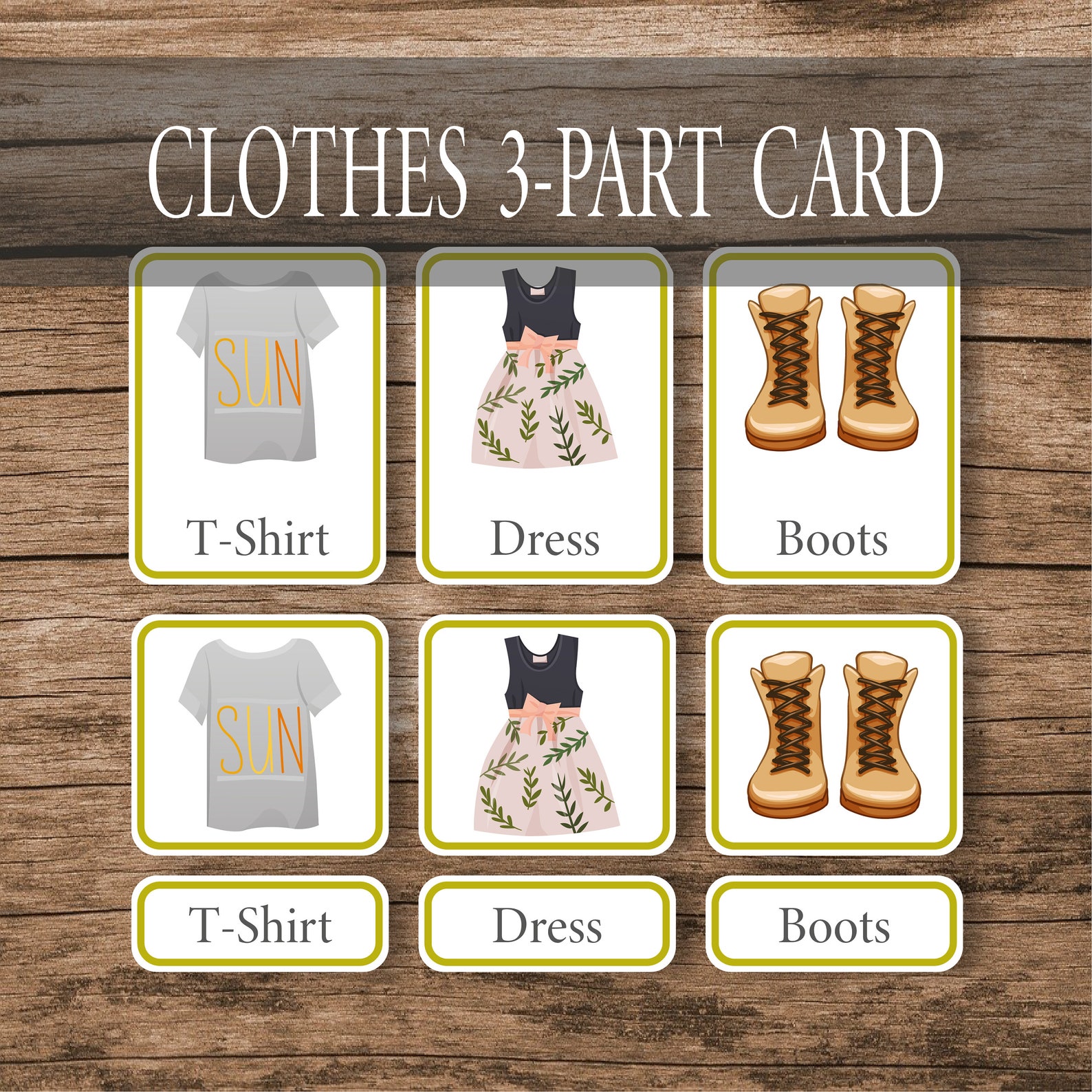 CLOTHES Three Part Flash Cards, Montessori Toddler Printable Flashcard ...