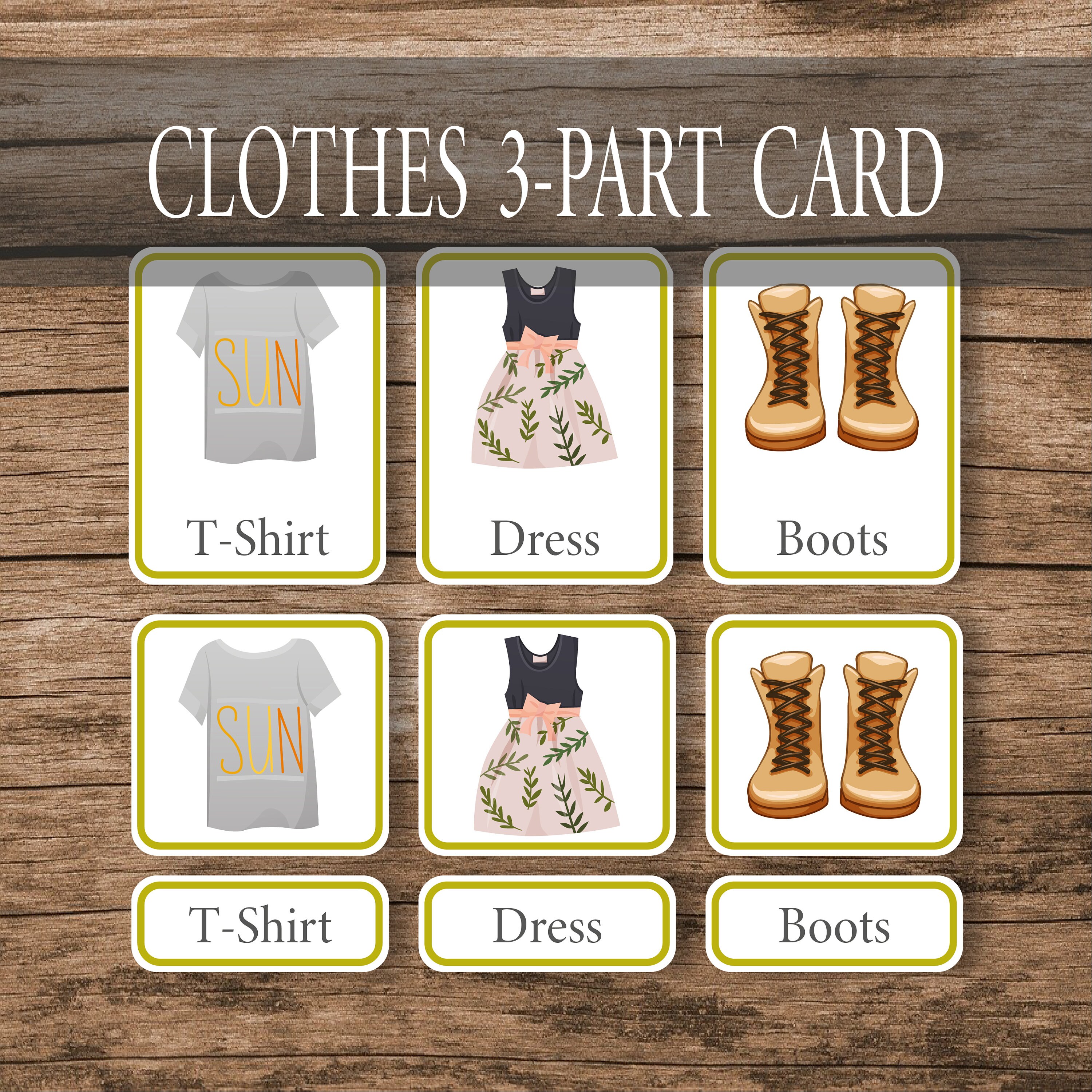 CLOTHES Three Part Flash Cards, Montessori Toddler Printable Flashcard ...